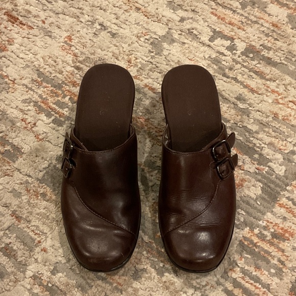 Clarks | Shoes | Clarks Brown Leather Slipon Clogs With Buckles | Poshmark